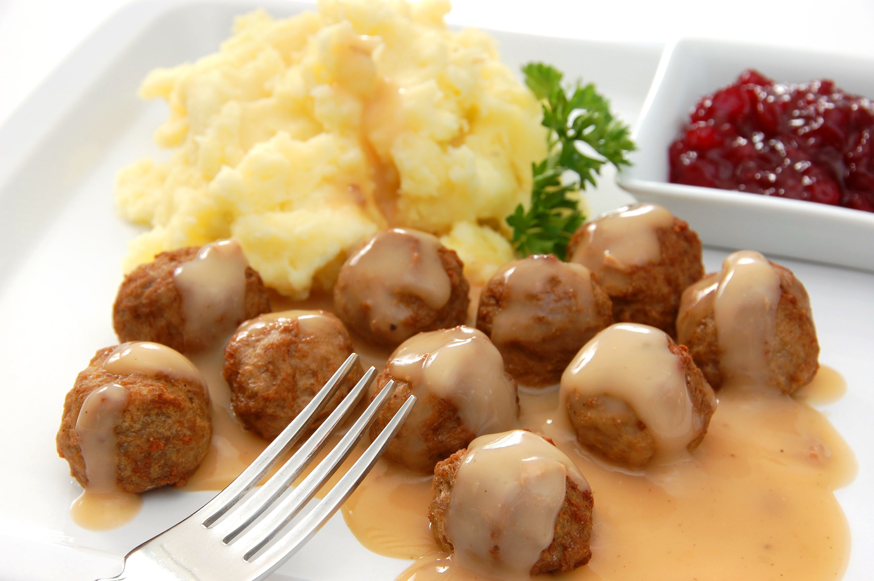 Traditional Norwegian Meatballs with Mashed Potatoes and Lingonberry Jam